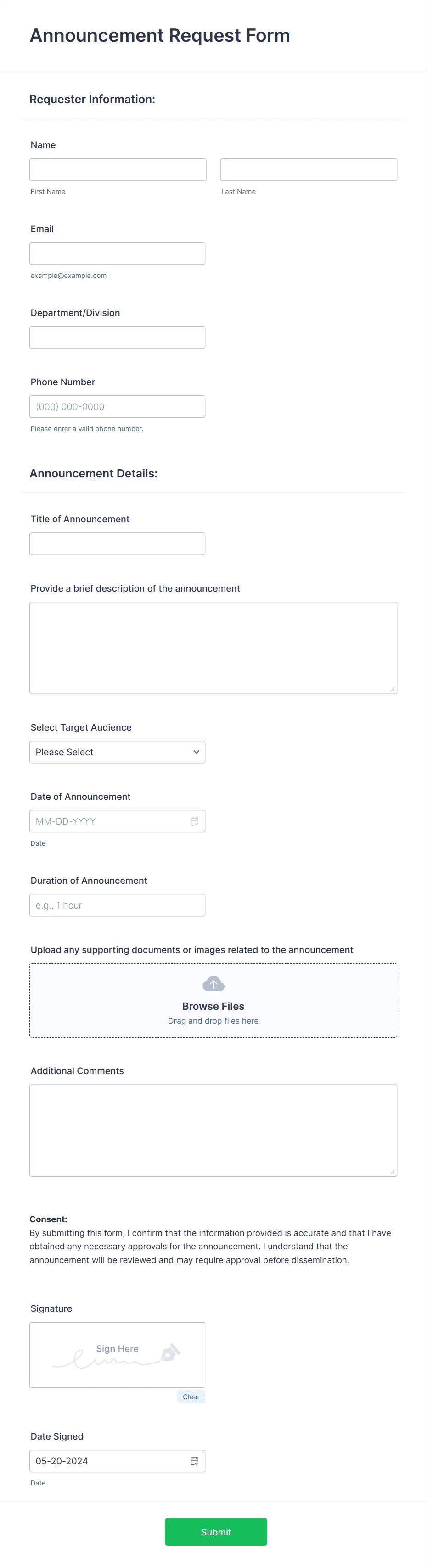 ANNOUNCEMENT REQUEST Form Template | Jotform