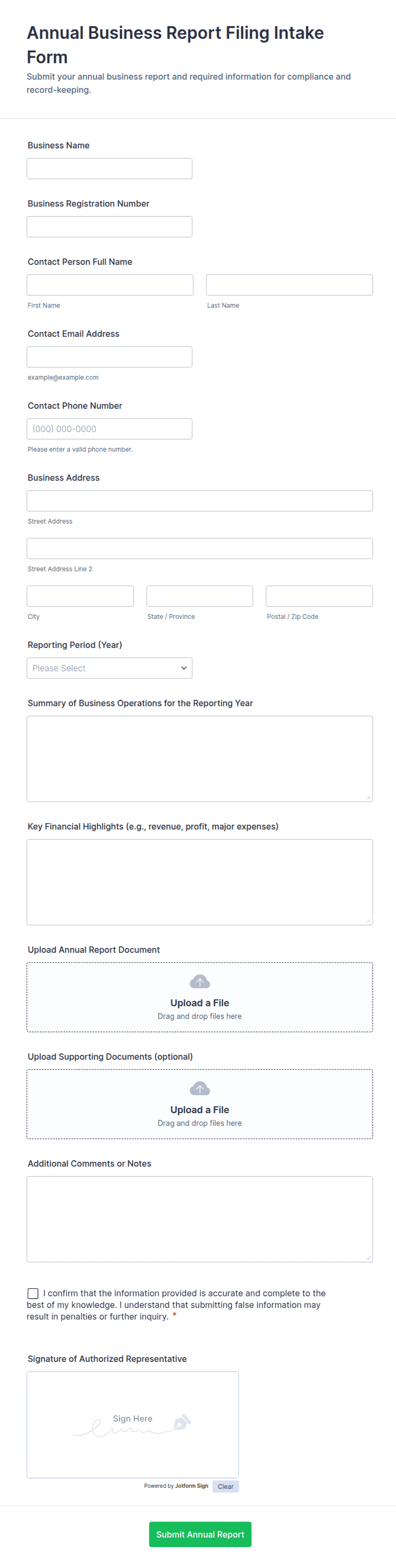 Annual Business Report Filing Intake Form Template | Jotform