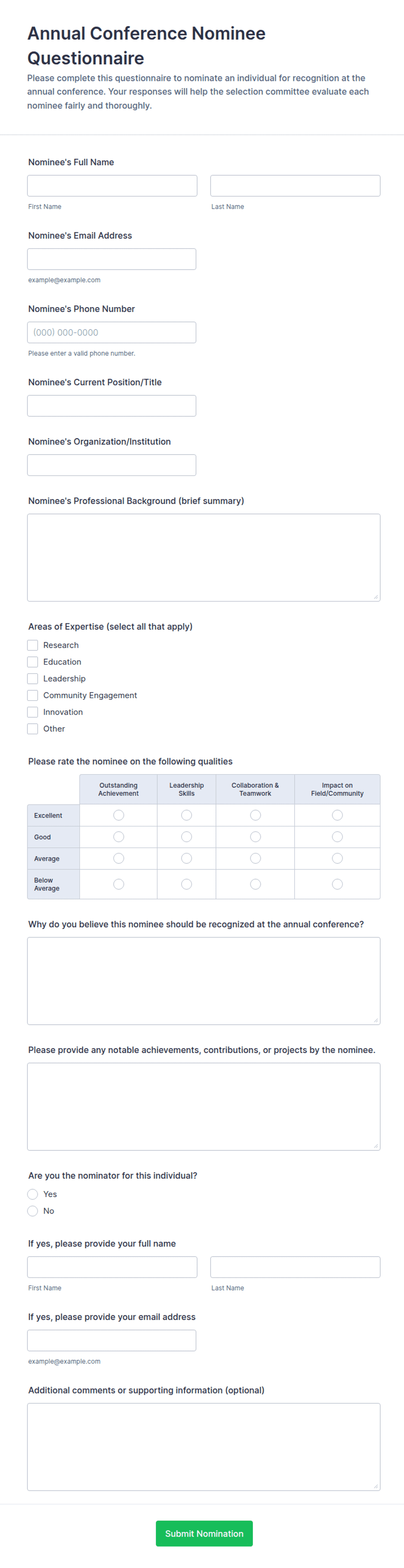 Annual Conference Nominee Questionnaire Form Template | Jotform