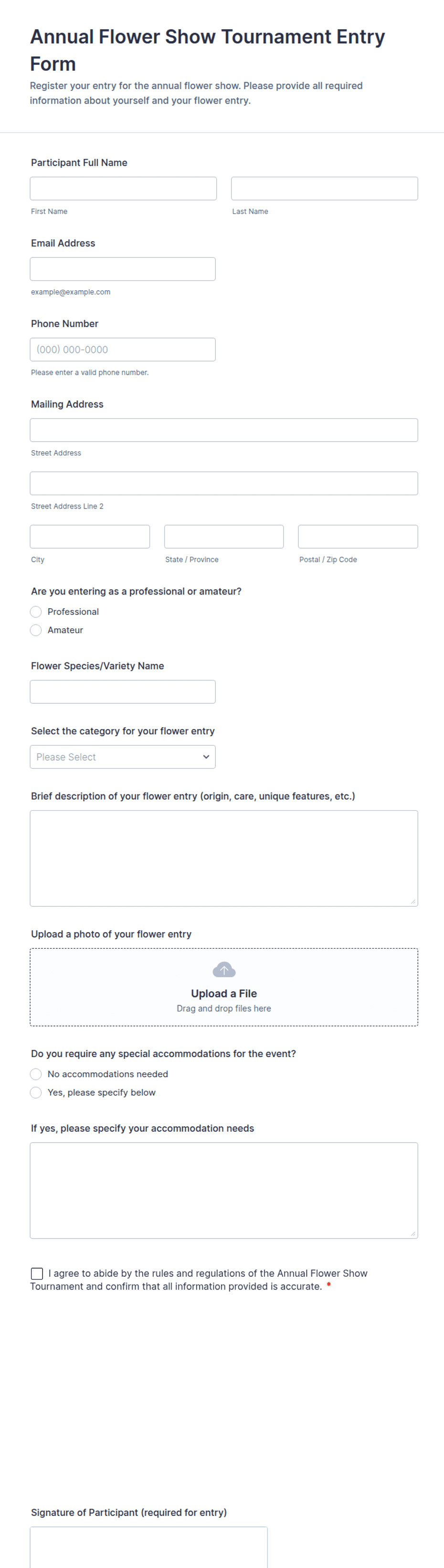 Annual Flower Show Tournament Entry Form Template | Jotform