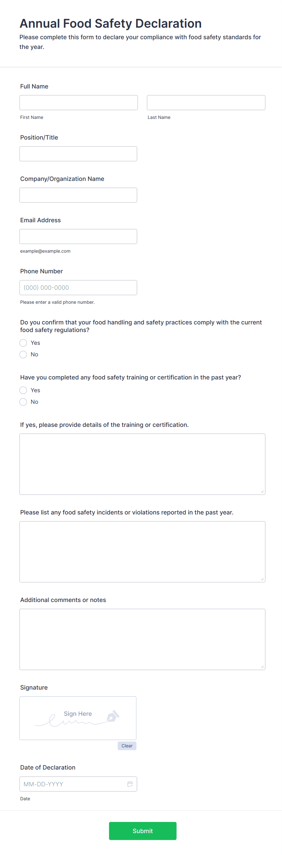 Annual Food Safety Declaration Form Template | Jotform