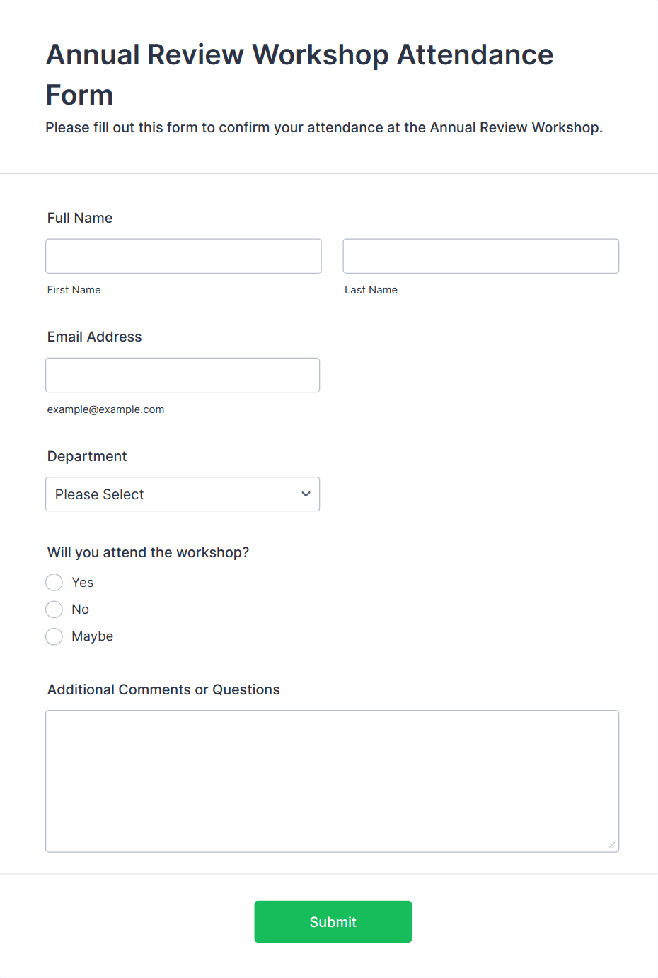 Annual Review Workshop Attendance Form Template | Jotform