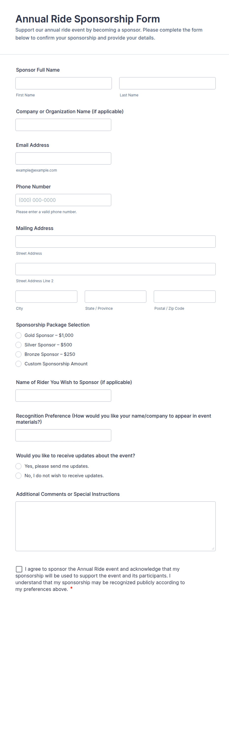 Annual Ride Sponsorship Form Template | Jotform