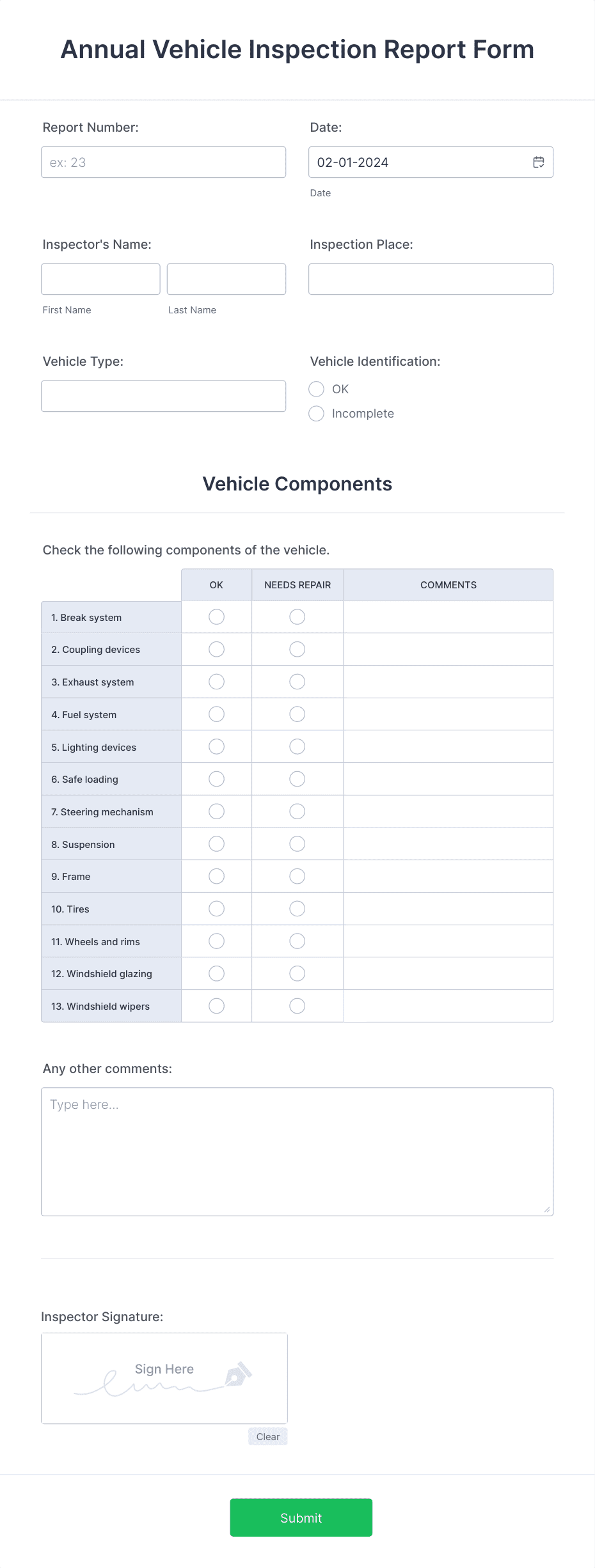 Annual Vehicle Inspection Report Form Template | Jotform