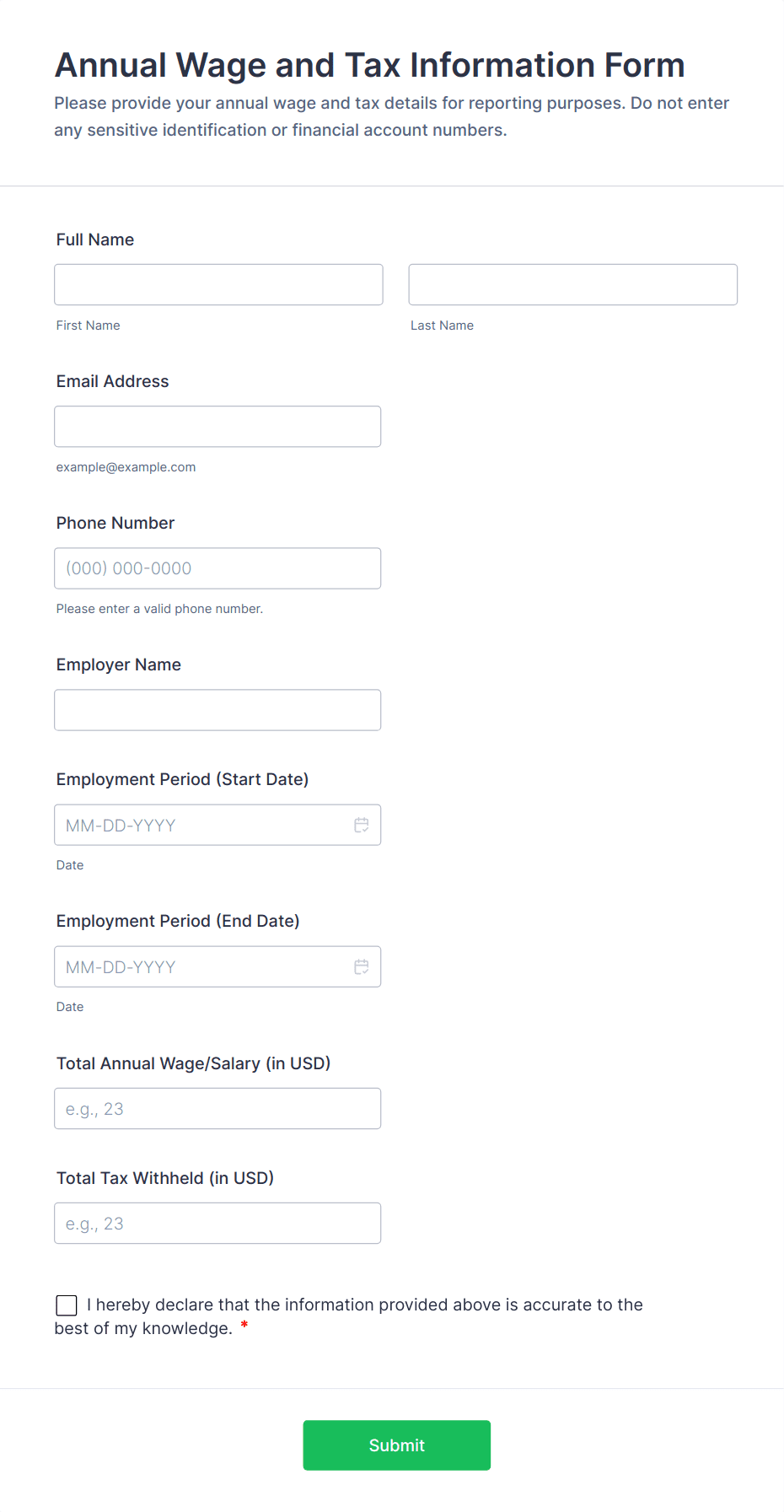 Annual Wage and Tax Information Form Template | Jotform