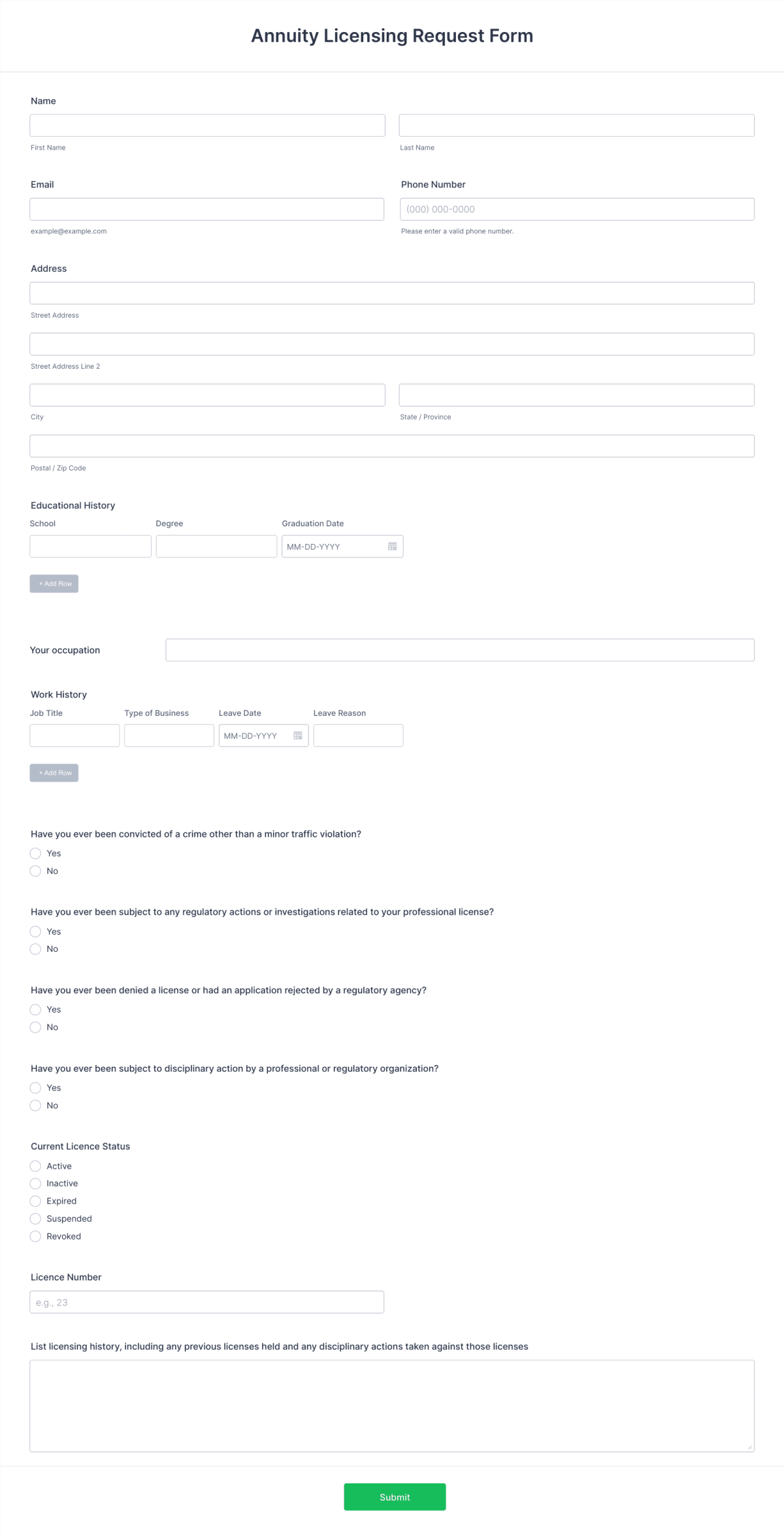 Annuity Licensing Request Form Template | Jotform