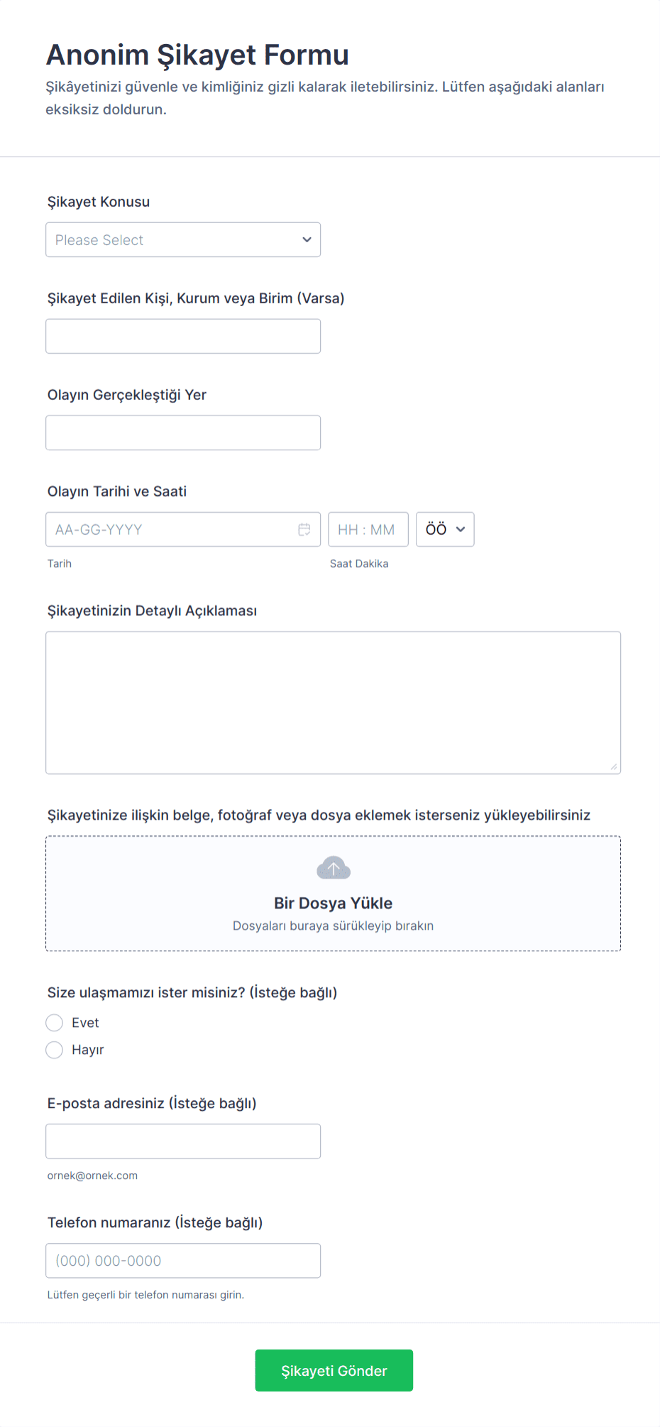 Anonim Şikayet Form Şablonu | Jotform