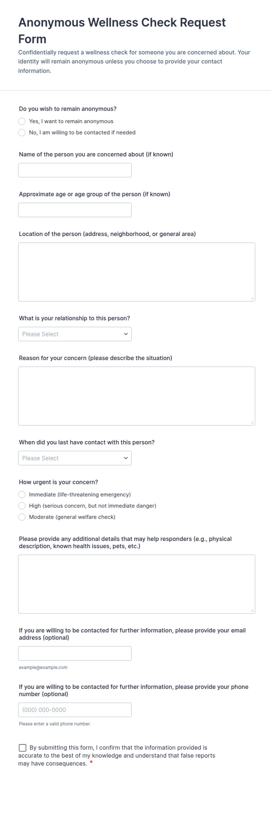 Anonymous Wellness Check Request Form Template | Jotform