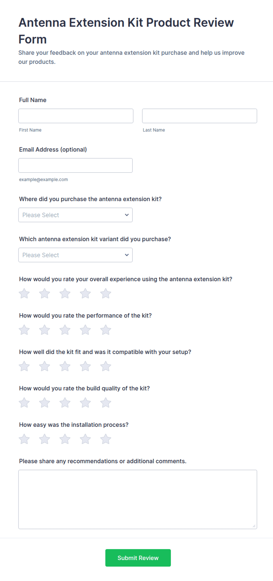 Antenna Extension Kit Product Review Form Template | Jotform