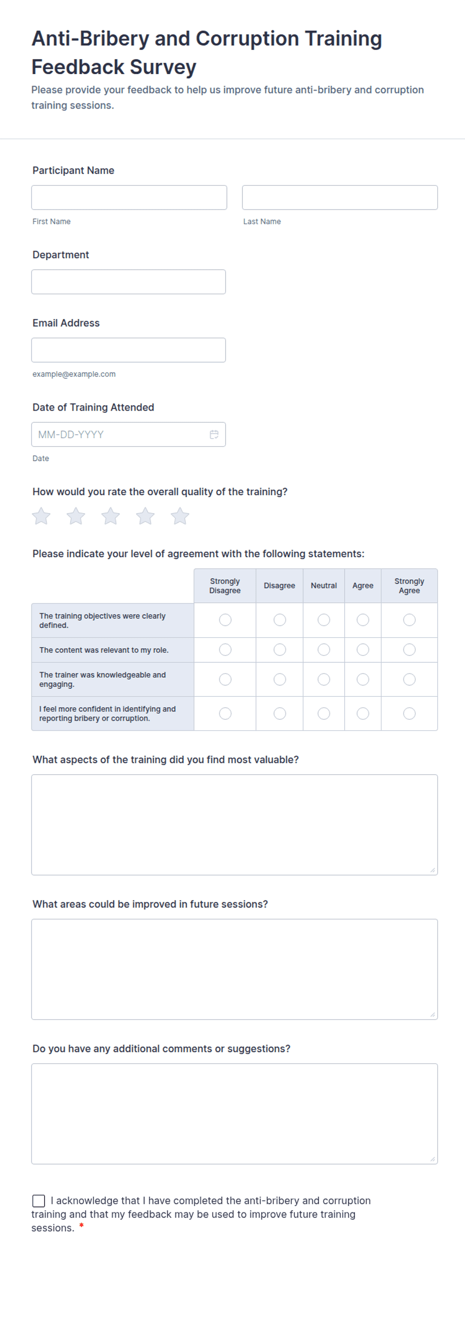 Anti-Bribery and Corruption Training Feedback Survey Form Template ...