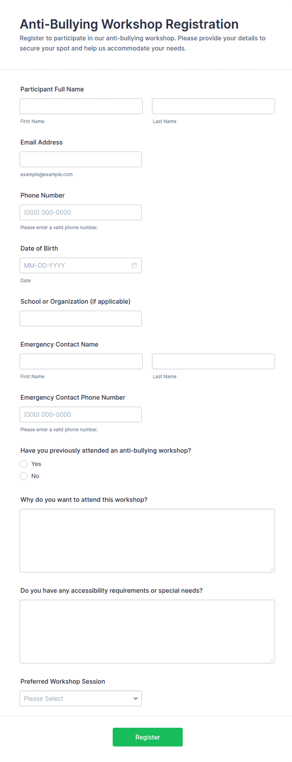 Anti-Bullying Workshop Registration Form Template | Jotform