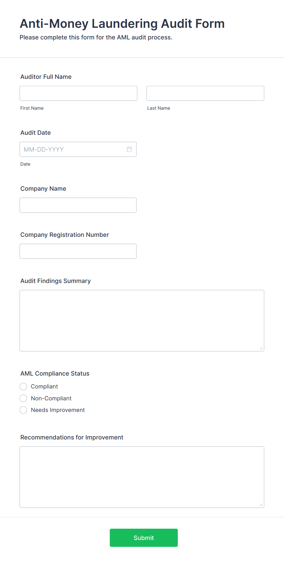 Anti-Money Laundering Audit Form Template | Jotform
