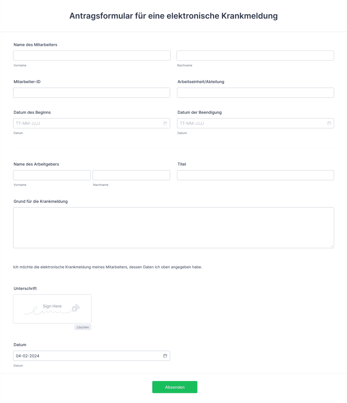 Antragsformular für eine elektronische Krankmeldung Formularvorlage ...