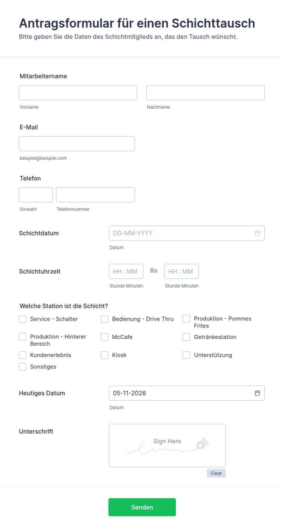 Antragsformular für einen Schichttausch Formularvorlage | Jotform