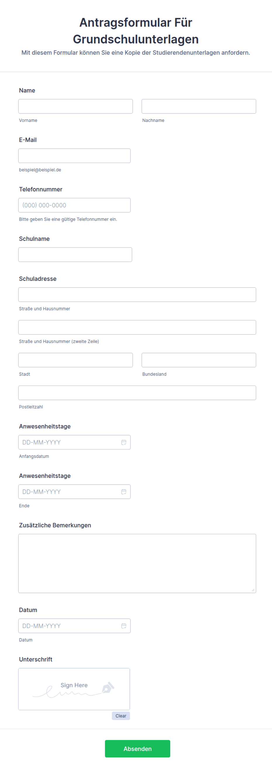 Antragsformular Für Grundschulunterlagen Formularvorlage | Jotform