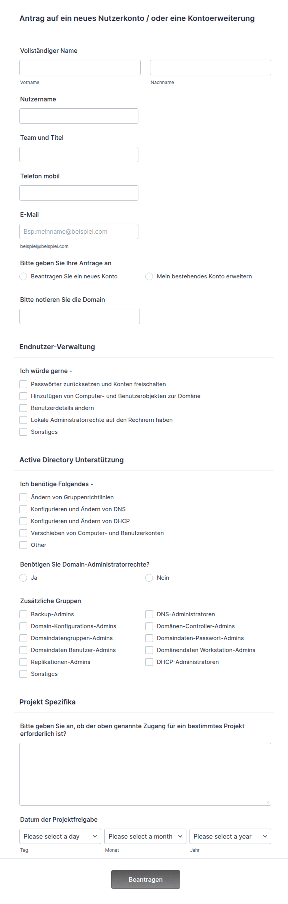 Antragsformular für neue Nutzer Formularvorlage | Jotform
