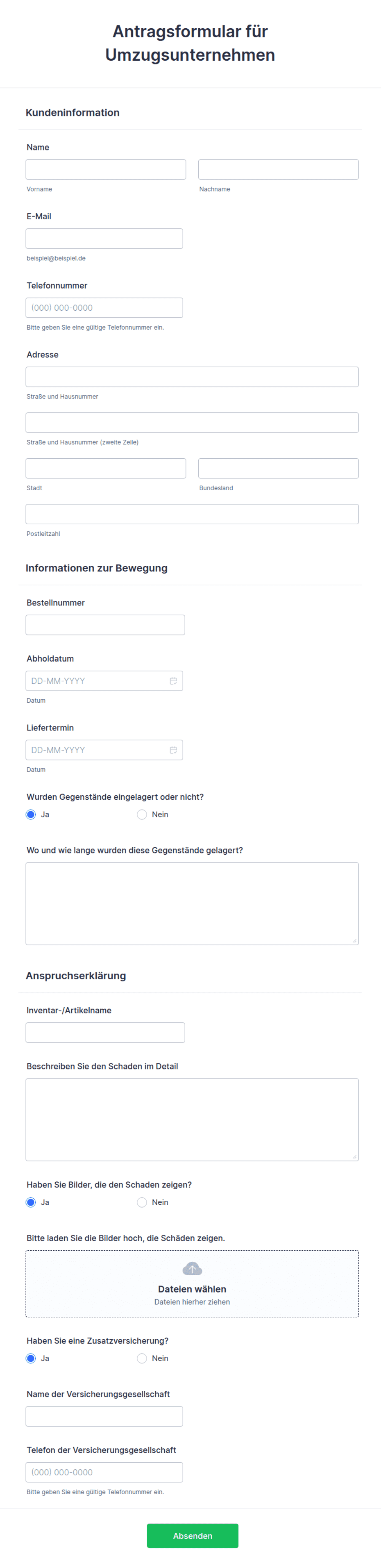 Antragsformular für Umzugsunternehmen Formularvorlage | Jotform