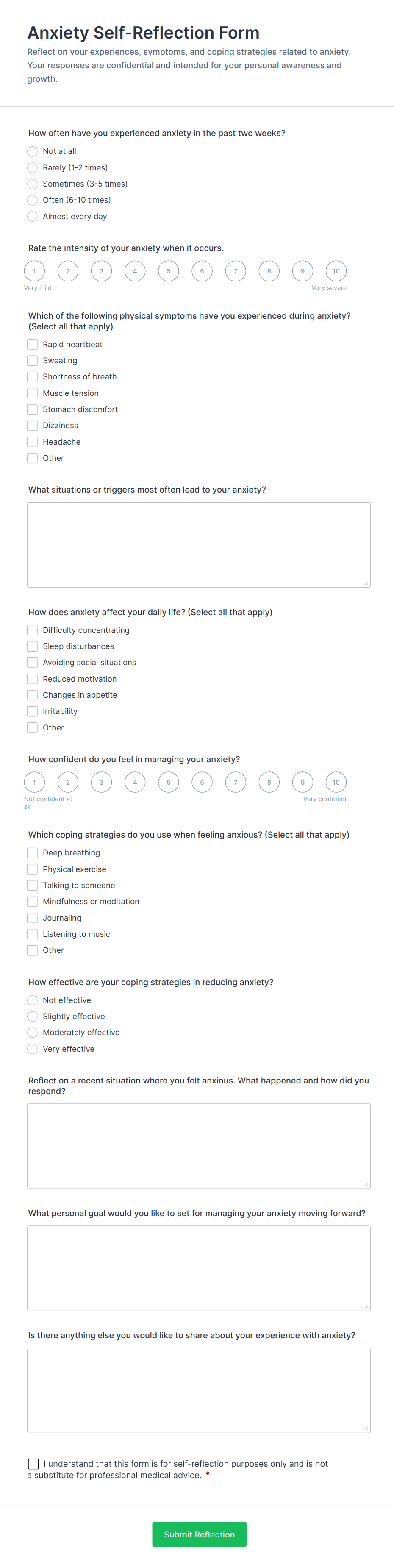 Anxiety Self-Reflection Form Template | Jotform