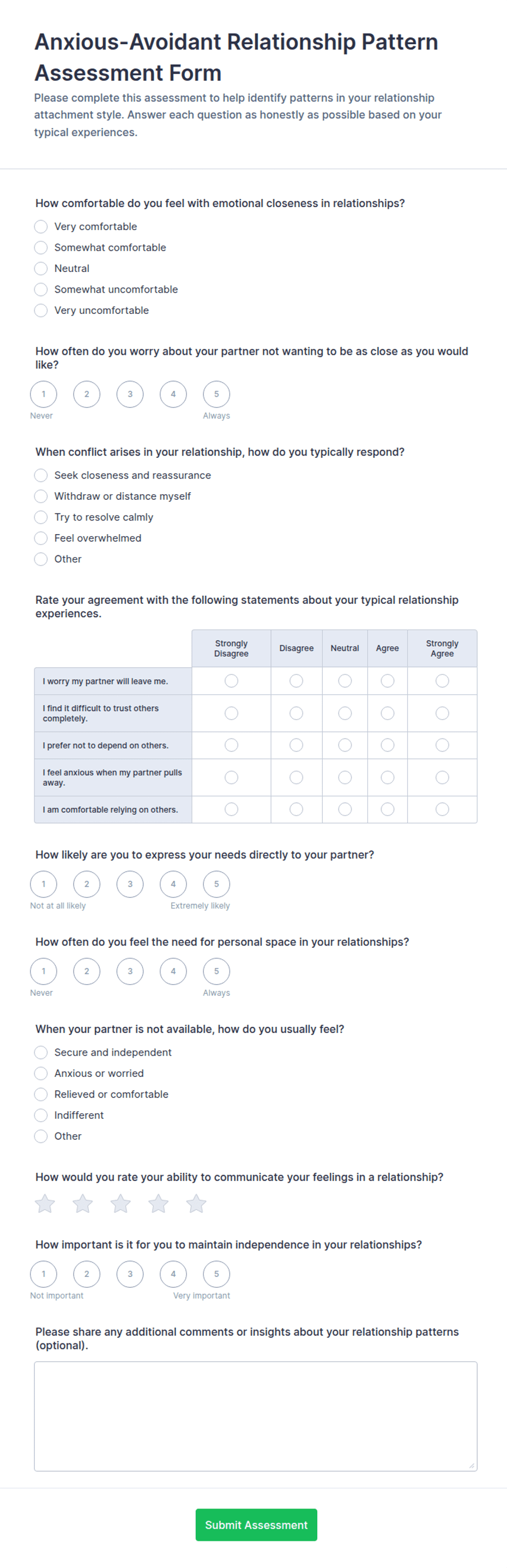 Anxious-Avoidant Relationship Pattern Assessment Form Template | Jotform