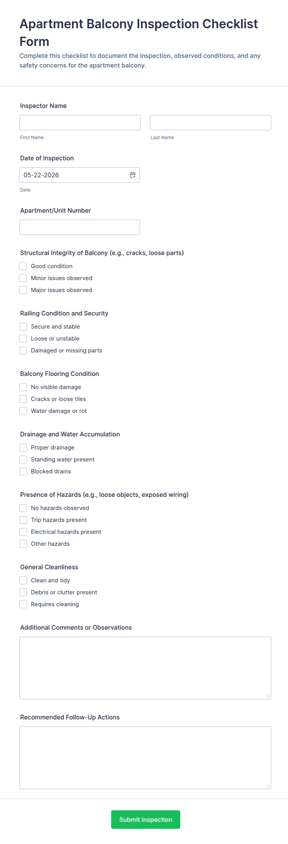 Apartment Balcony Inspection Checklist Form Template | Jotform