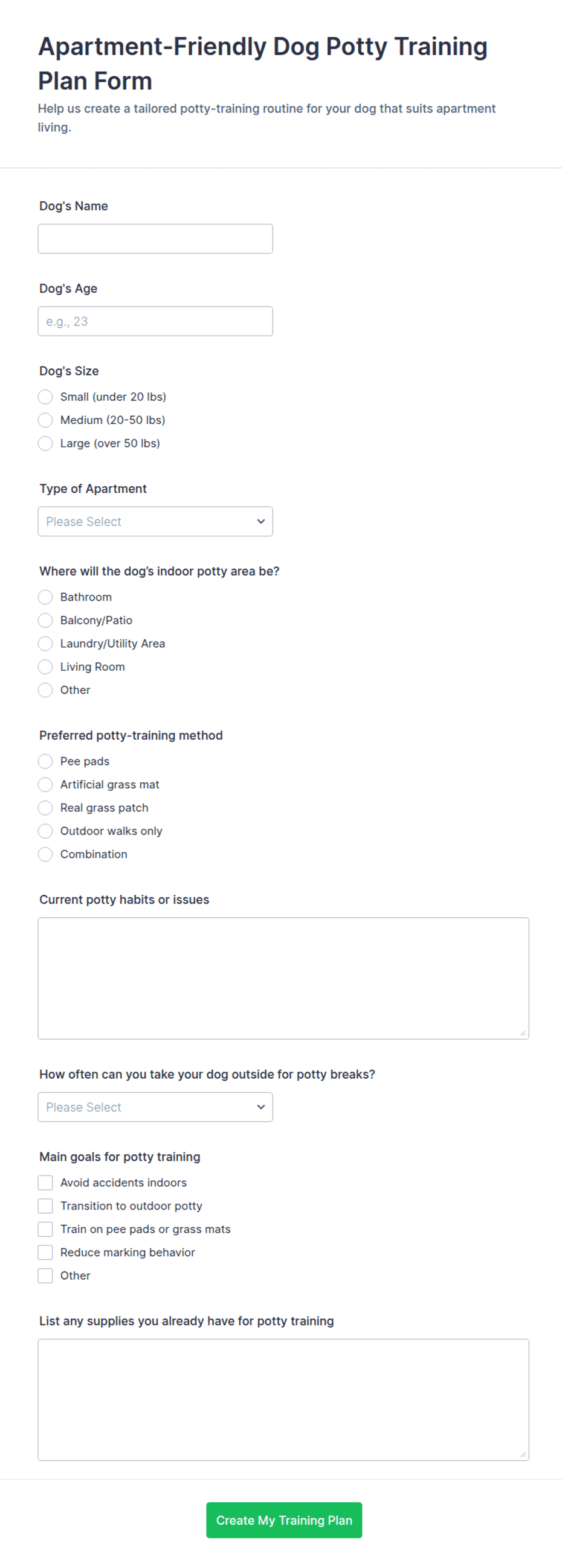 Apartment-Friendly Dog Potty Training Plan Form Template | Jotform