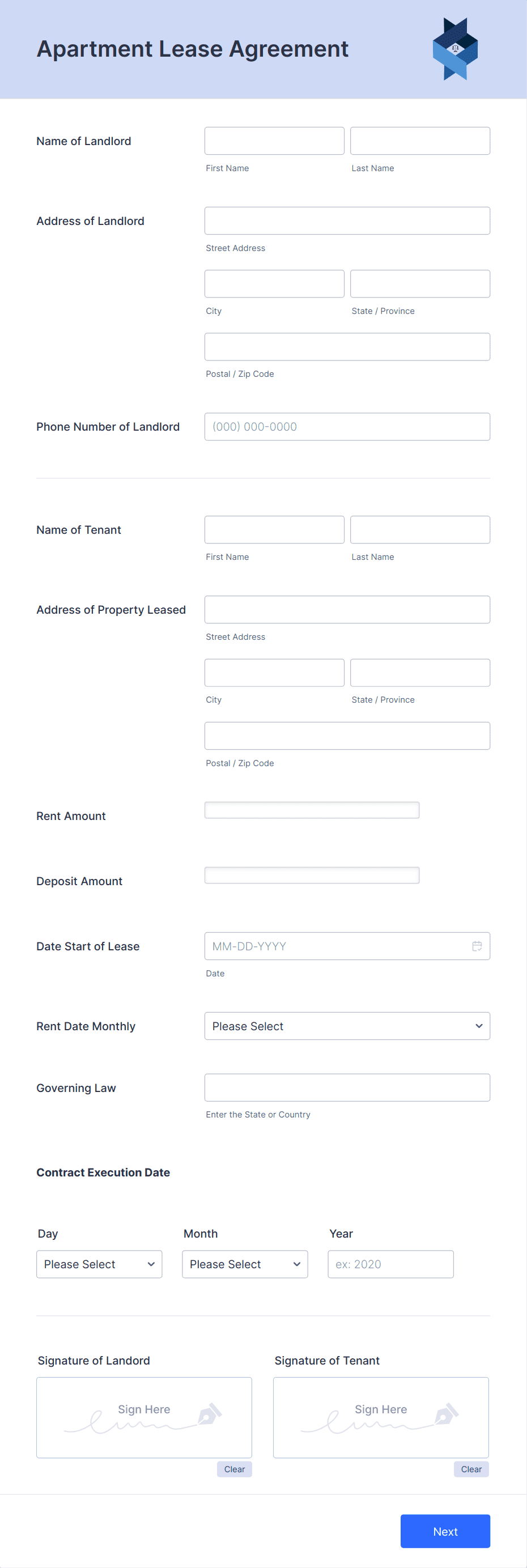Apartment Lease Agreement Form Template | Jotform