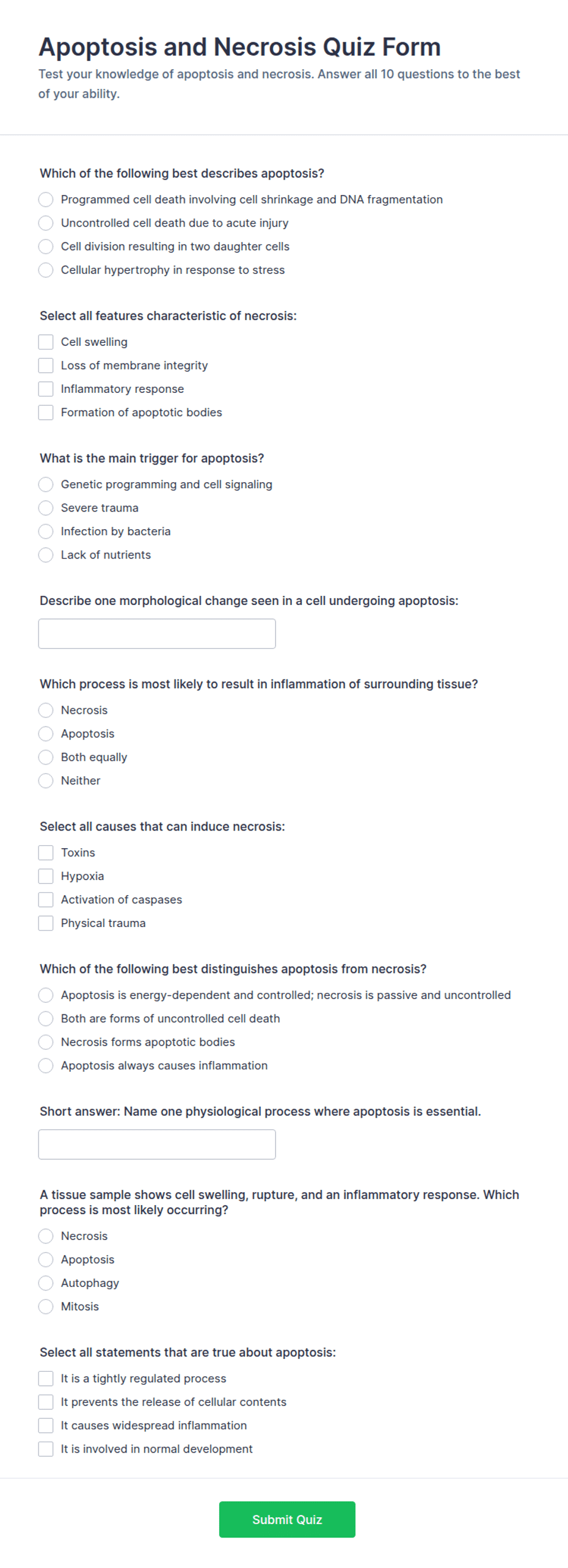 Apoptosis and Necrosis Quiz Form Template | Jotform