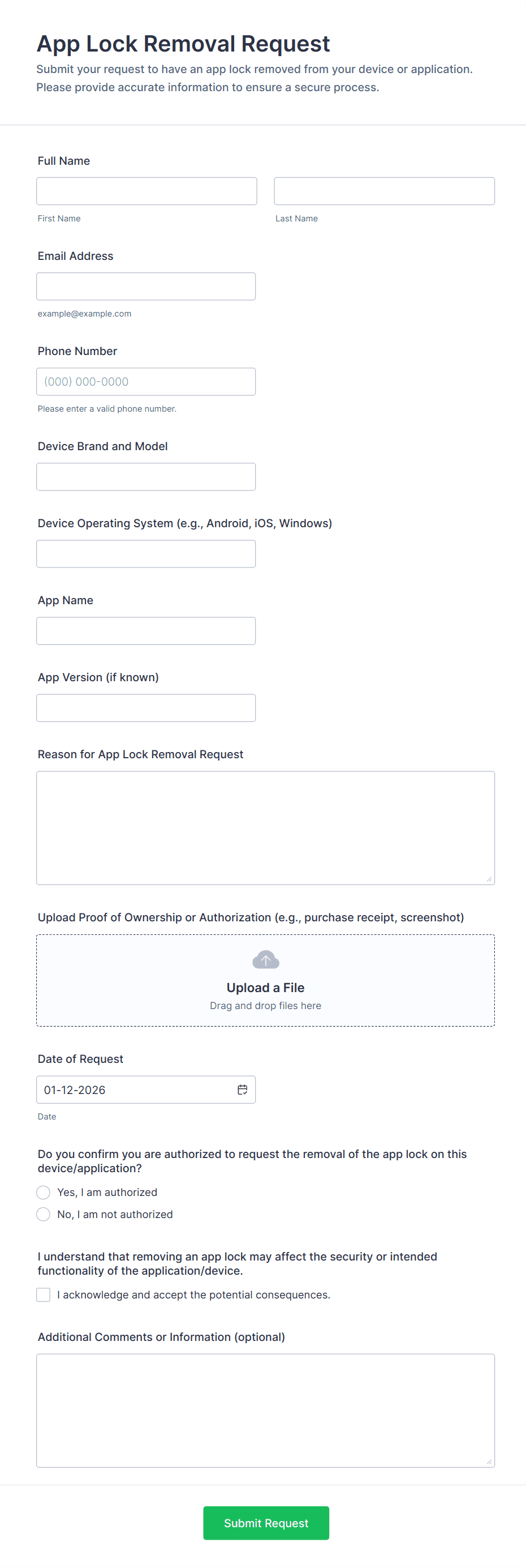 App Lock Removal Request Form Template | Jotform