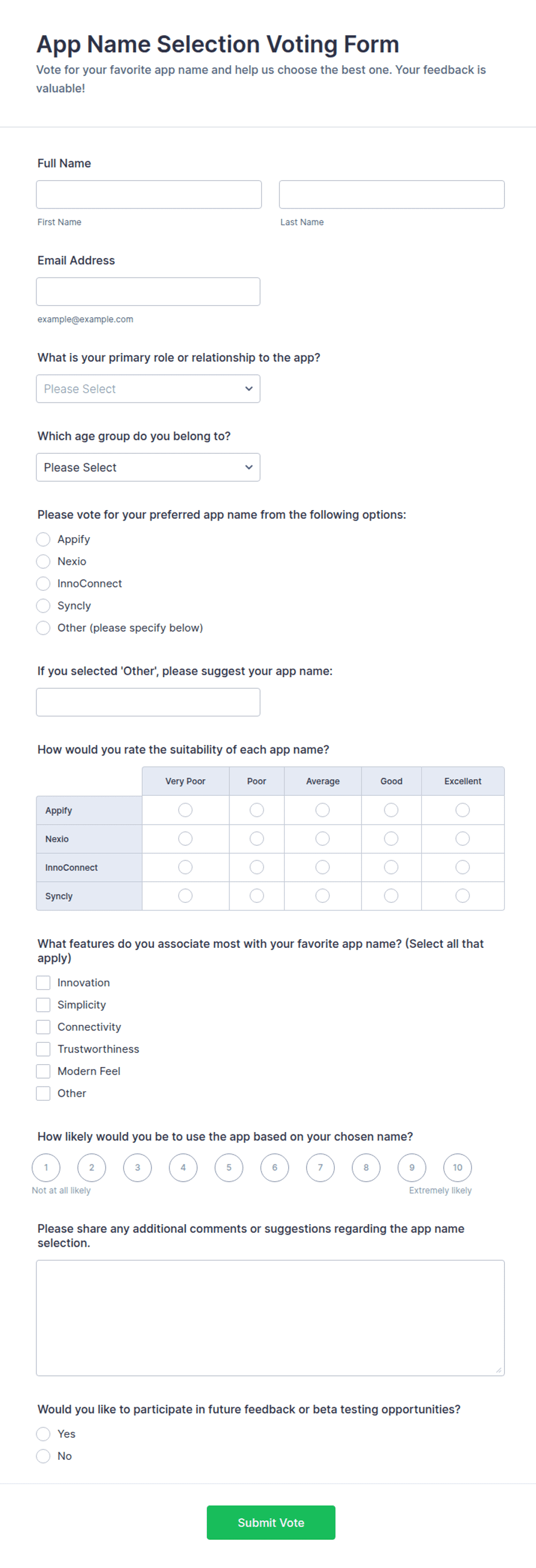 App Name Selection Voting Form Template | Jotform