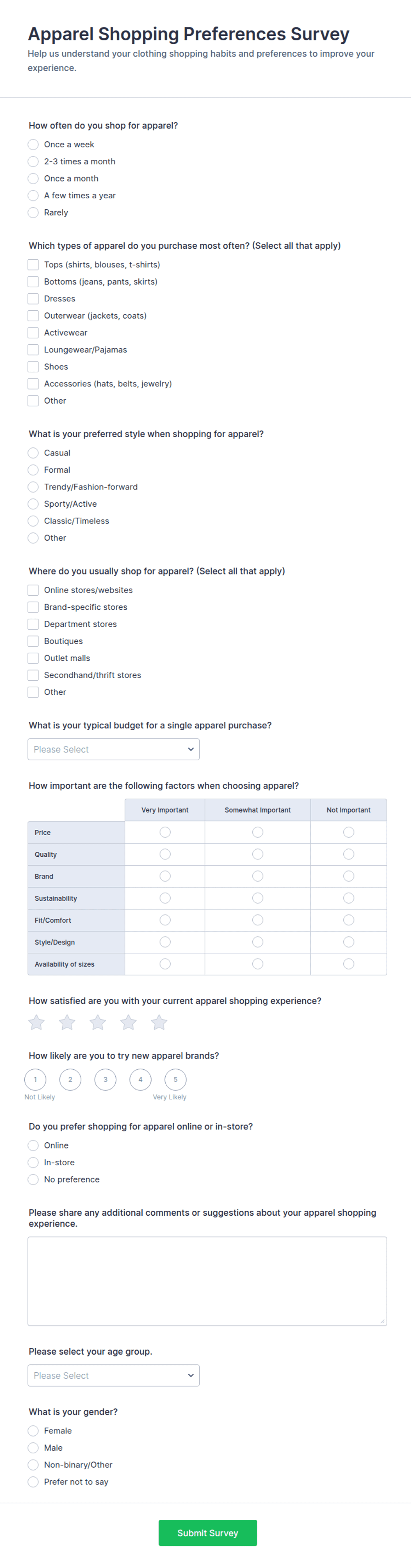 Apparel Shopping Preferences Survey Form Template | Jotform