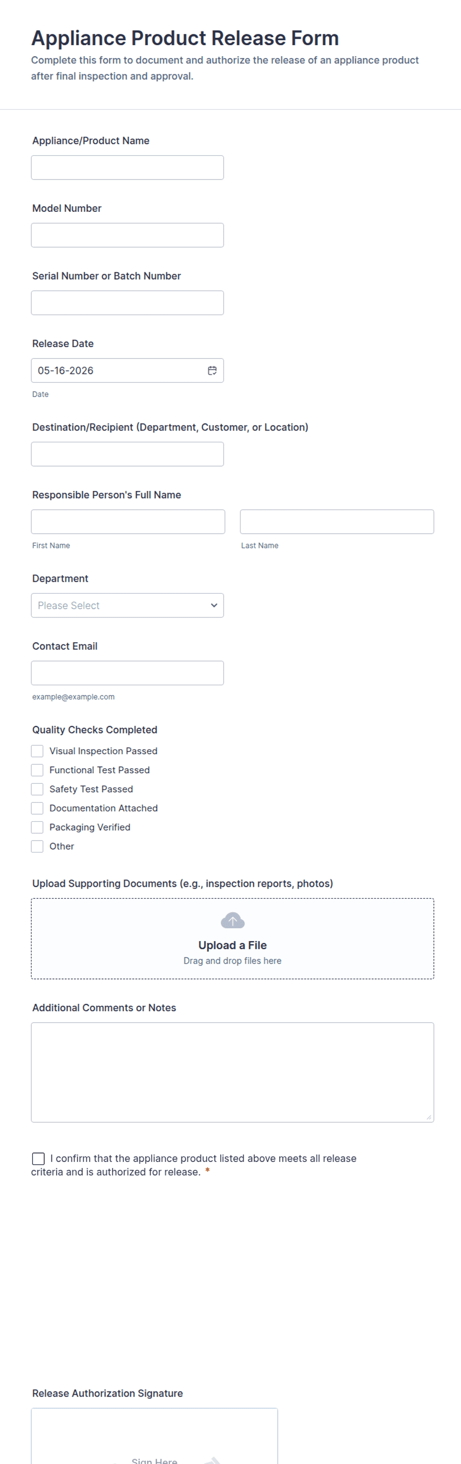 Appliance Product Release Form Template | Jotform