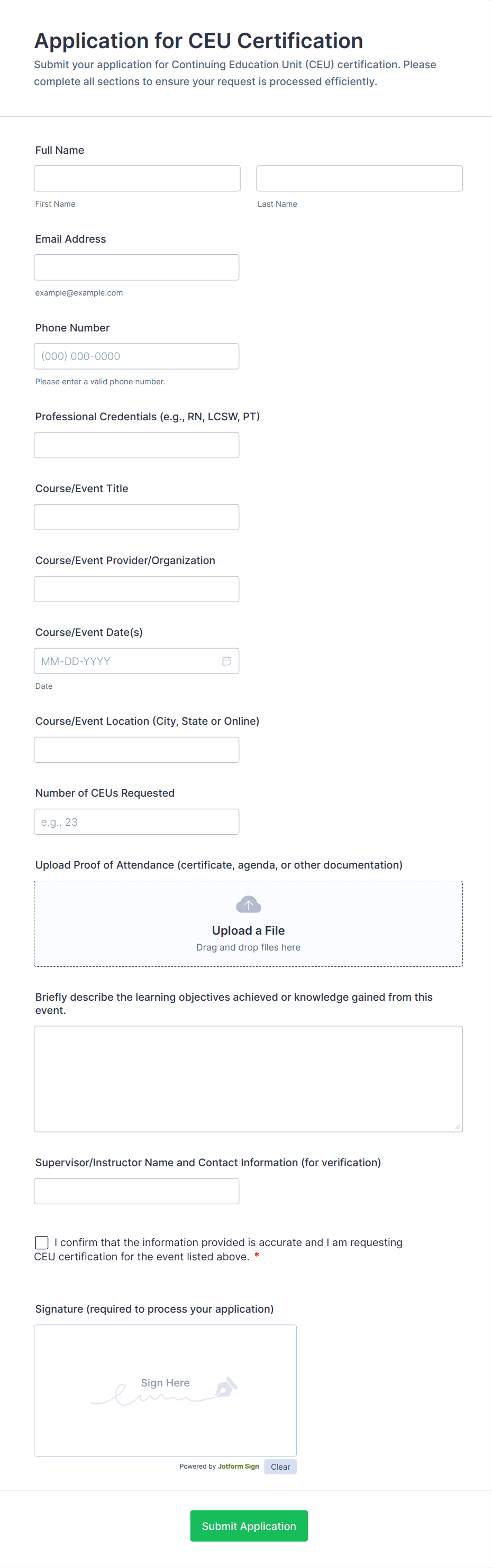 Application for CEU Certification Form Template | Jotform