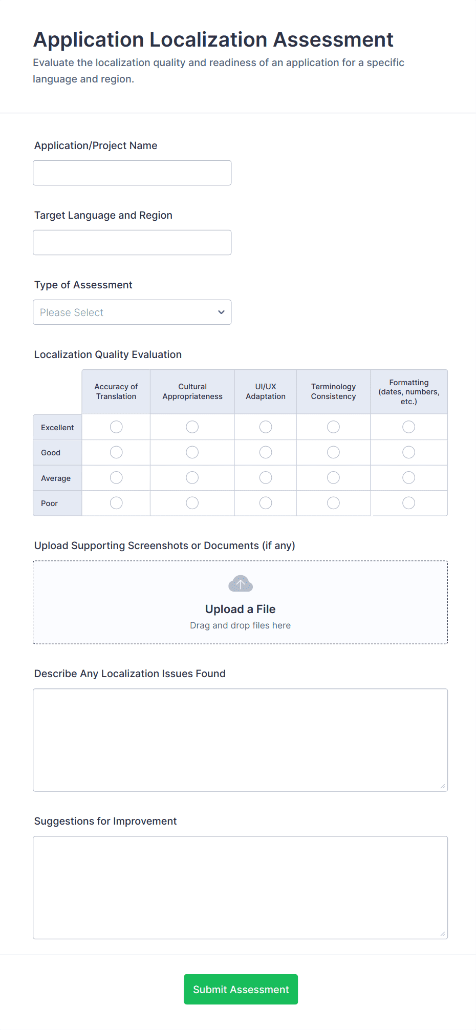 Application Localization Assessment Form Template | Jotform