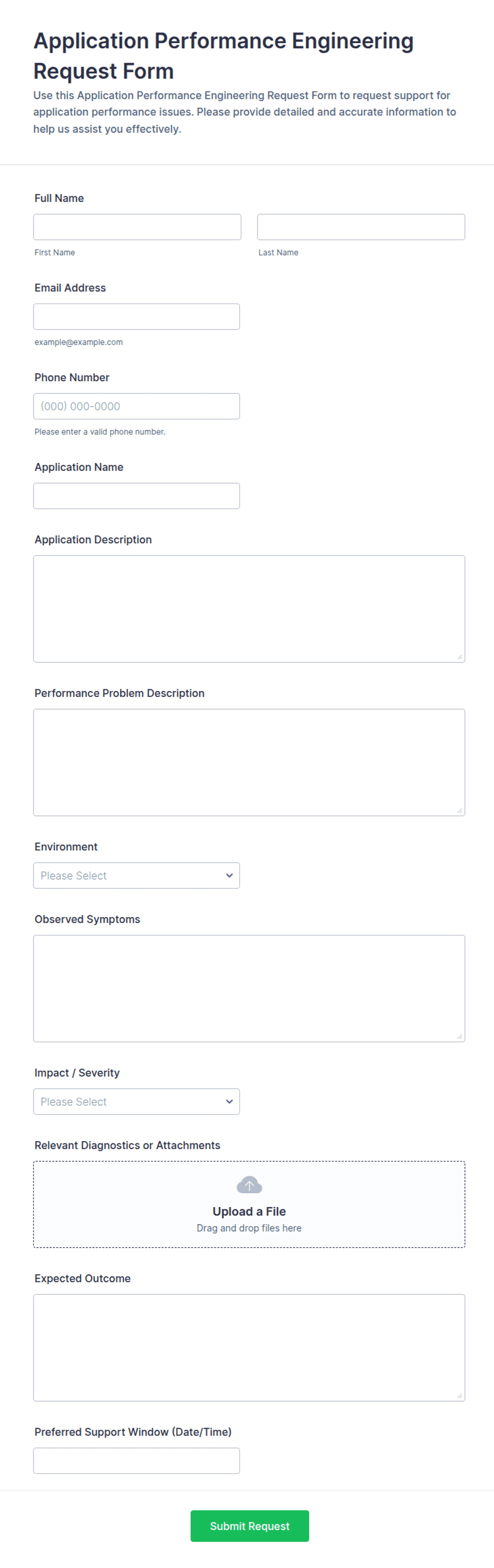 Application Performance Engineering Request Form Template | Jotform