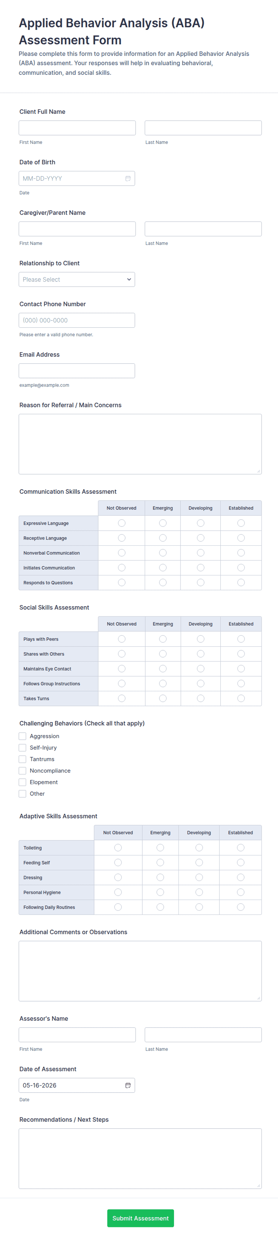 Applied Behavior Analysis (ABA) Assessment Form Template | Jotform