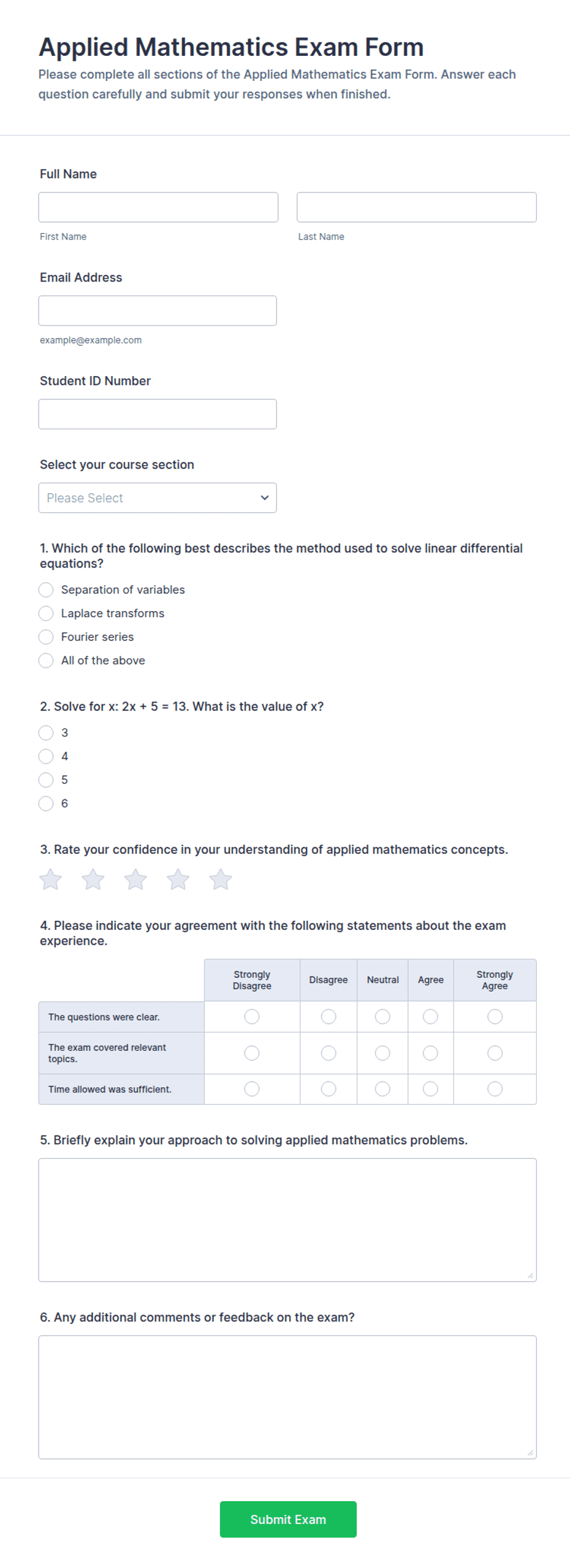 Applied Mathematics Exam Form Template | Jotform