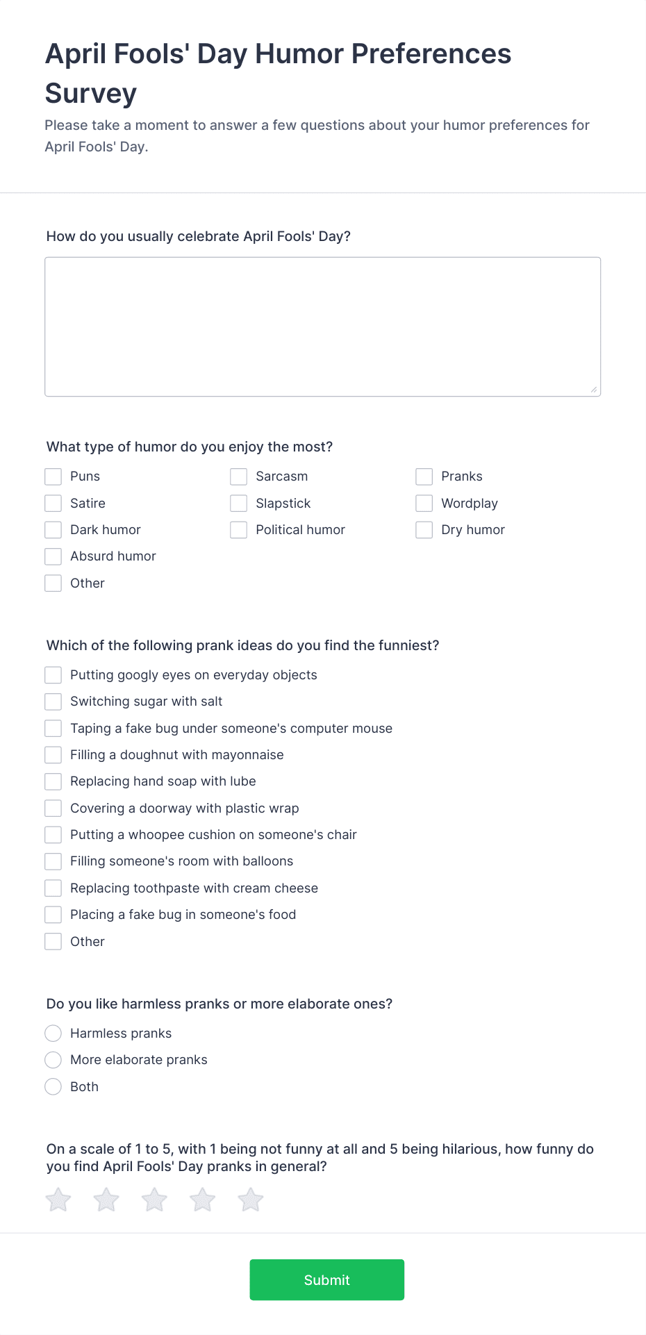 April Fools' Day Humor Preferences Survey Form Template | Jotform