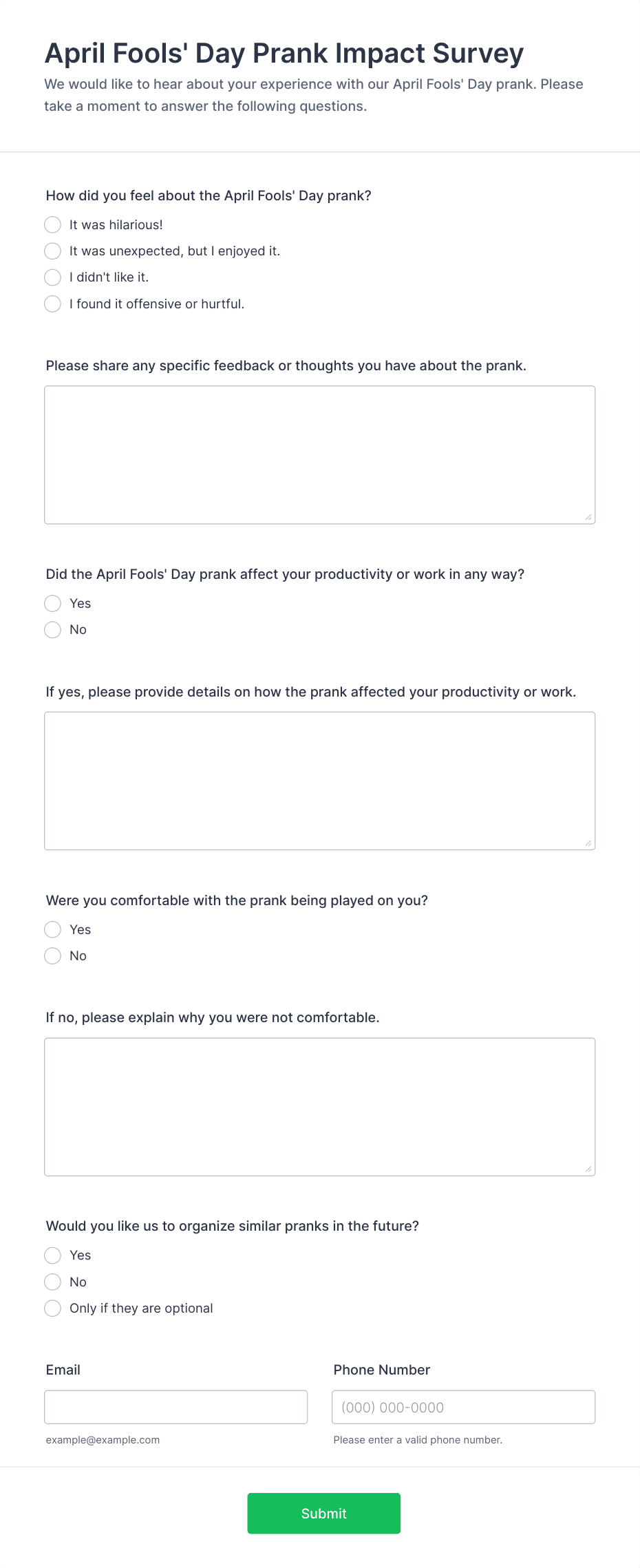 April Fools' Day Prank Impact Survey Form Template | Jotform