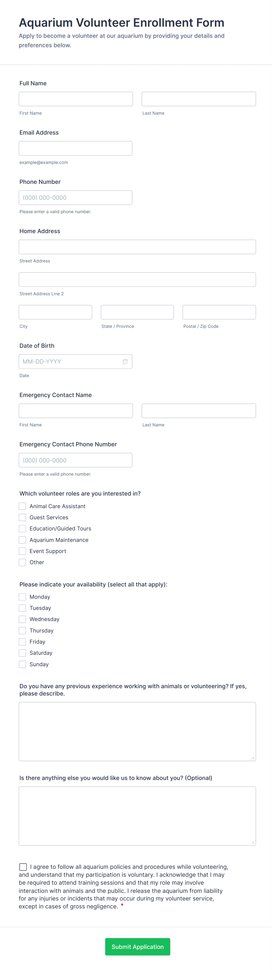 Aquarium Volunteer Enrollment Form | Jotform