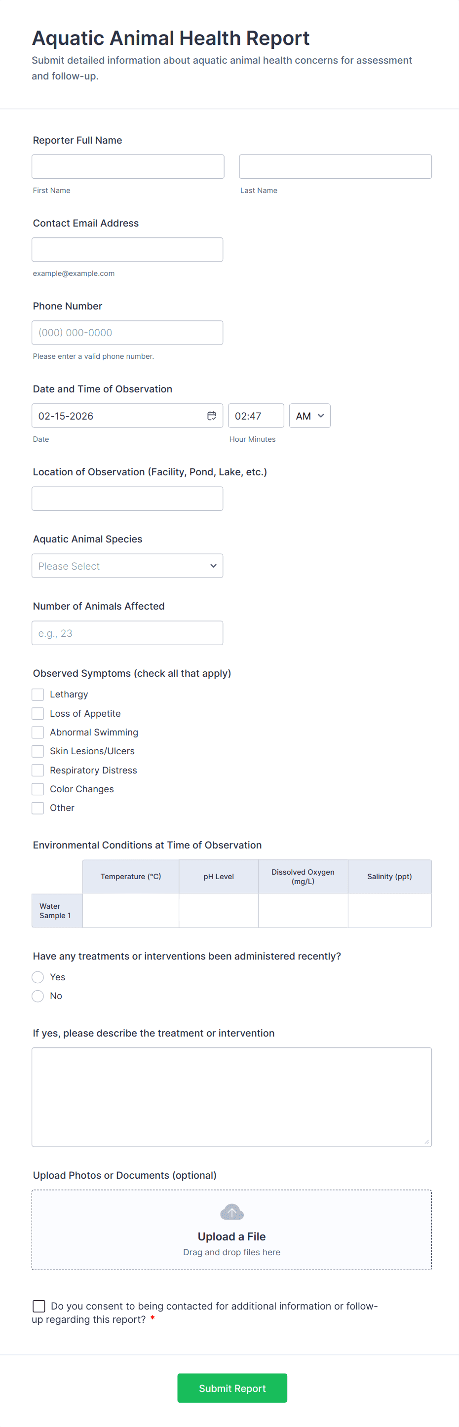 Aquatic Animal Health Report Form Template | Jotform
