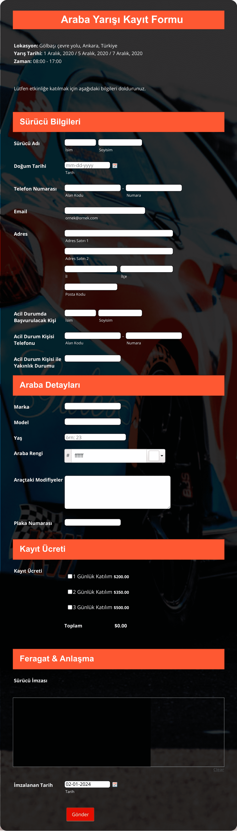 Araba Yarışı Kayıt Form Şablonu | Jotform