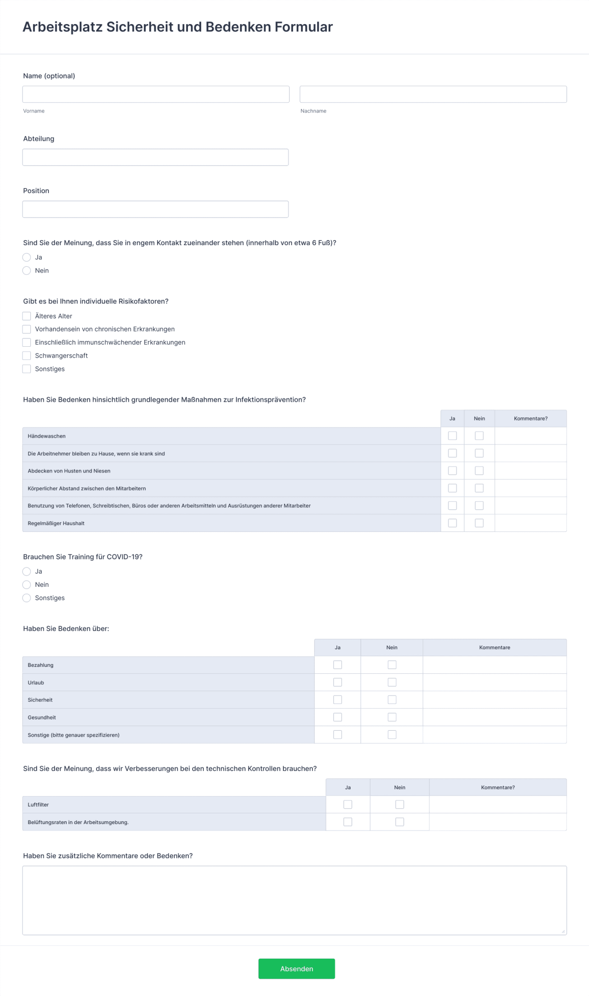 Arbeitsplatz Sicherheit und Bedenken Formular Formularvorlage | Jotform
