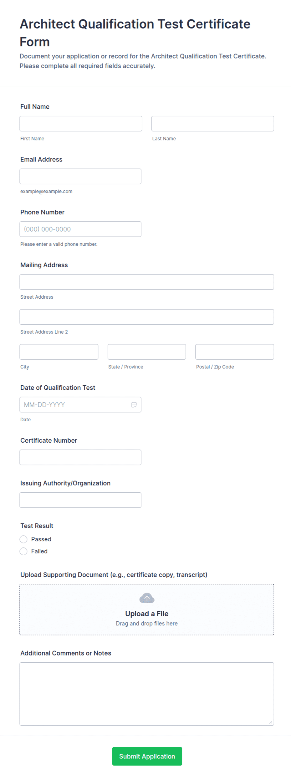 Architect Qualification Test Certificate Form Template | Jotform