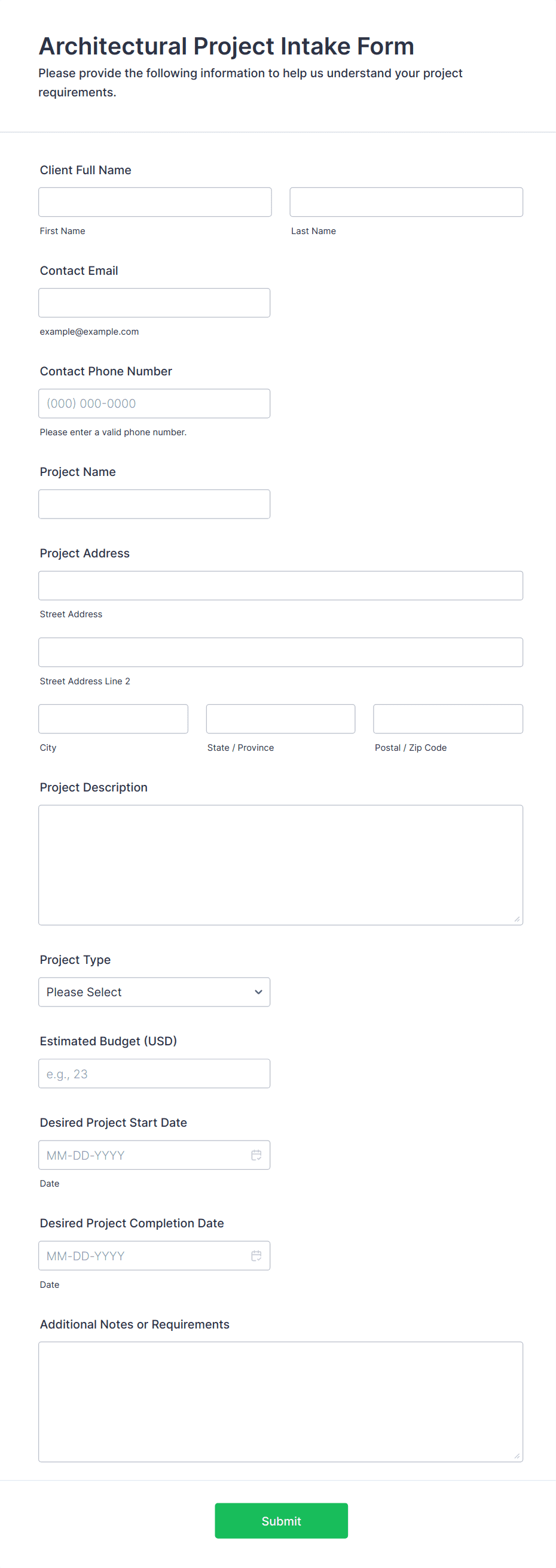 Architectural Project Intake Form Template | Jotform