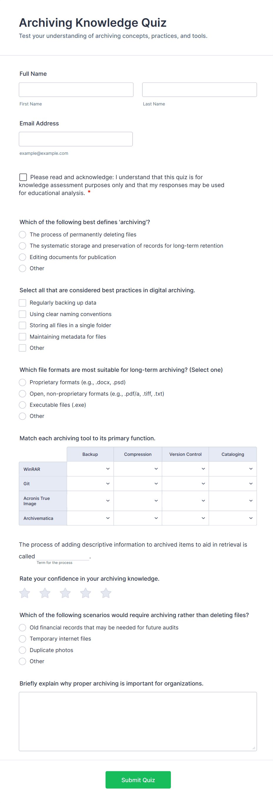 Archiving Knowledge Quiz Form Template | Jotform