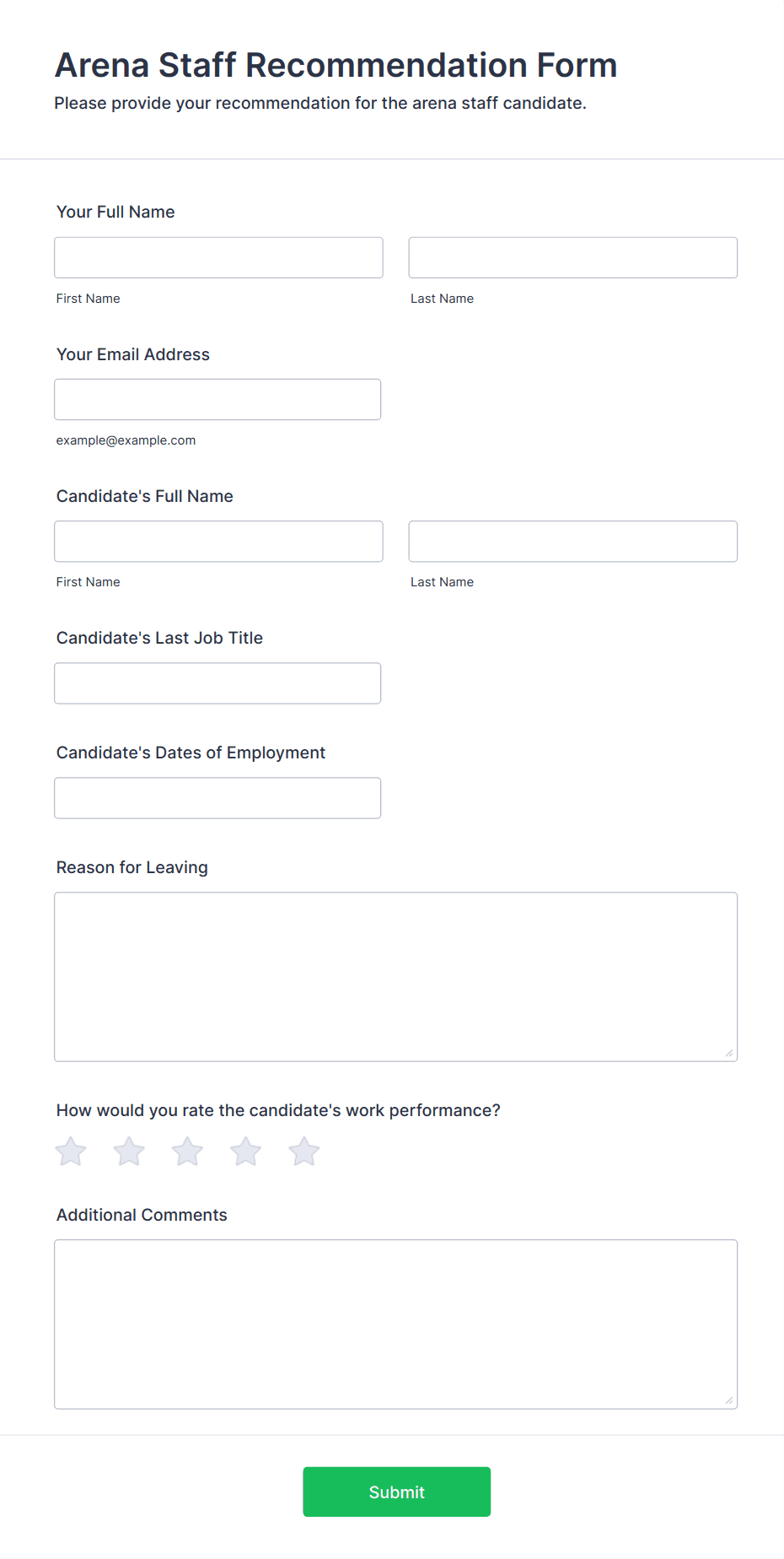 Arena Staff Recommendation Form Template | Jotform