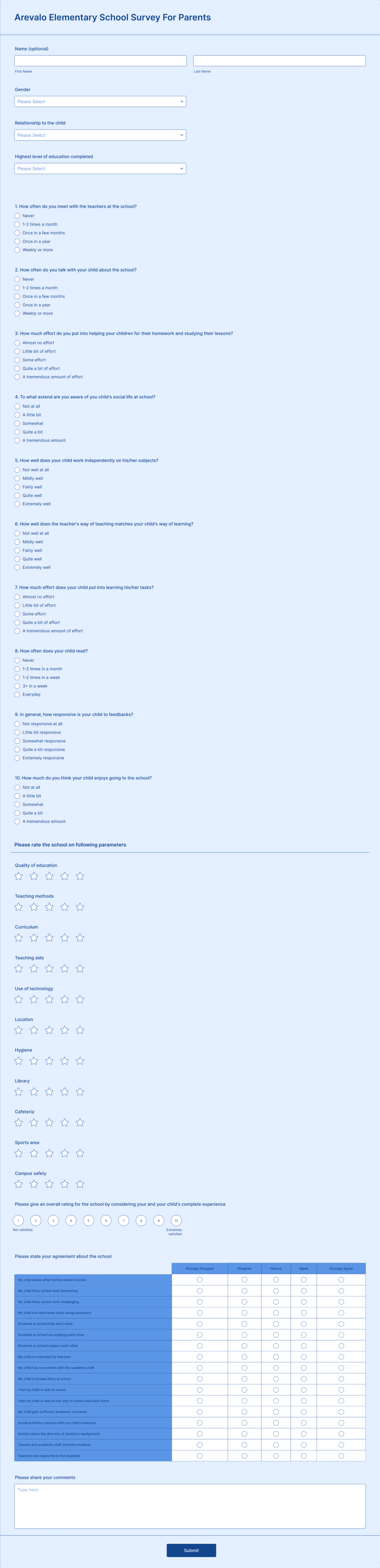 Arevalo Elementary School Survey For Parents Form Template | Jotform