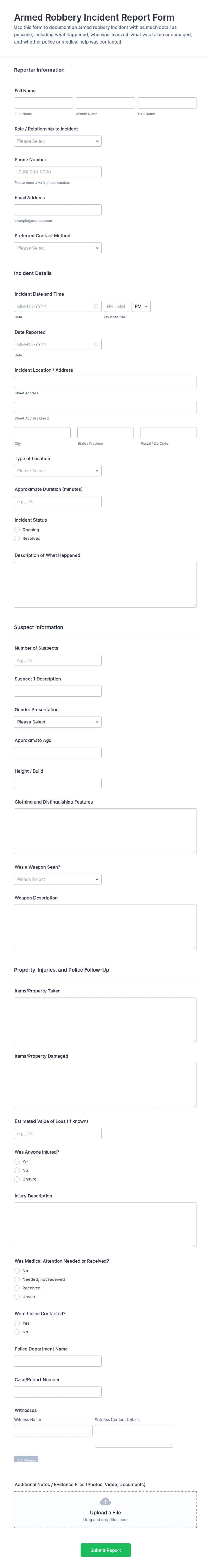 Armed Robbery Incident Report Form Template | Jotform
