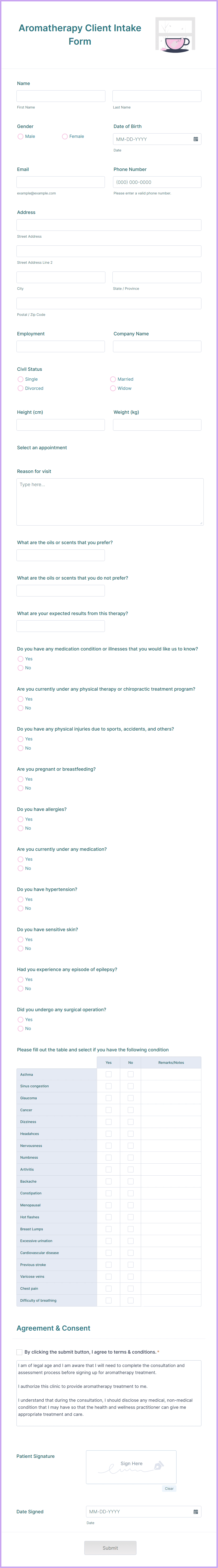 Aromatherapy Client Intake Form Template | Jotform