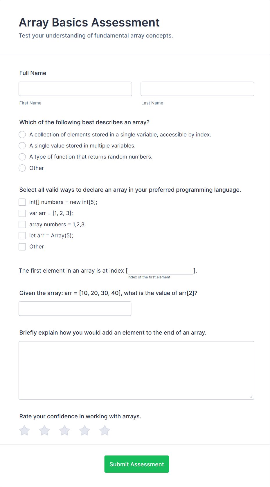 Array Basics Assessment Form Template | Jotform